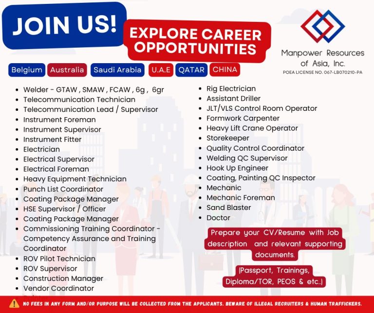 Now Hiring for Abroad! Manpower Resources of Asia Opens Jobs in Belgium ...