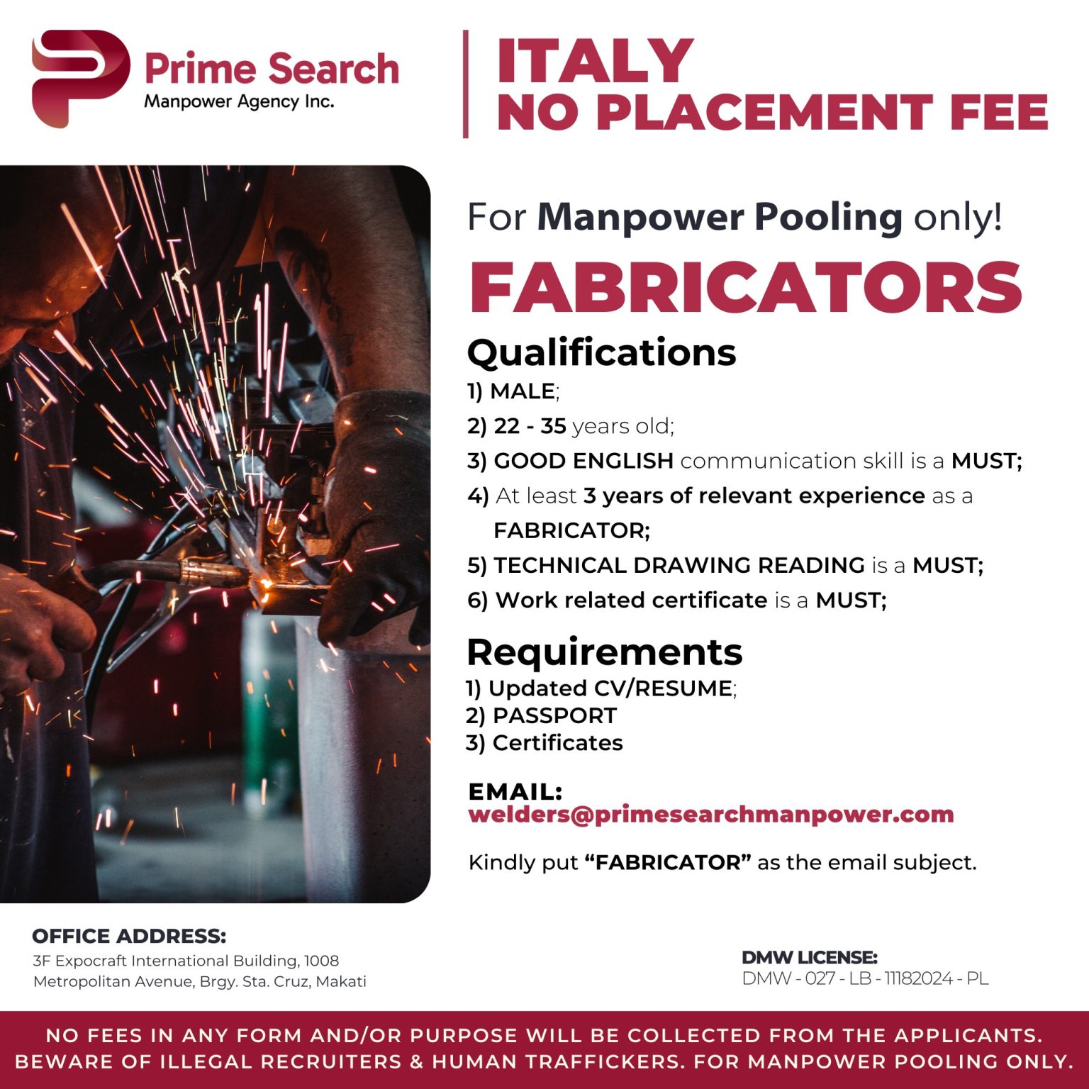 Fabricator Jobs in Italy for Filipinos — No Placement Fee | Apply Now