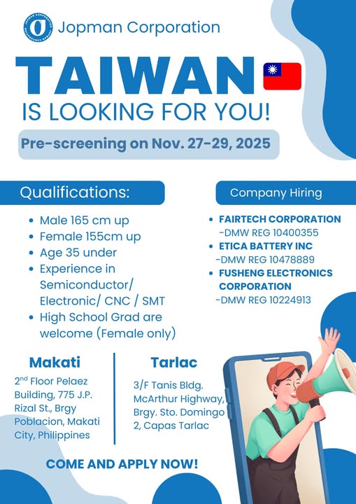 Taiwan Hiring Factory Workers for Semiconductor & Electronics Jobs | Jopman Corporation