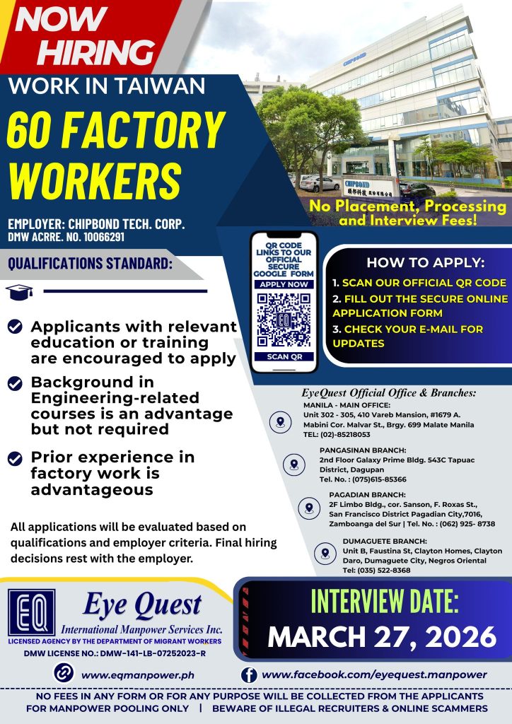 Chipbond Technology Taiwan Hiring | Factory Workers | No Placement Fee