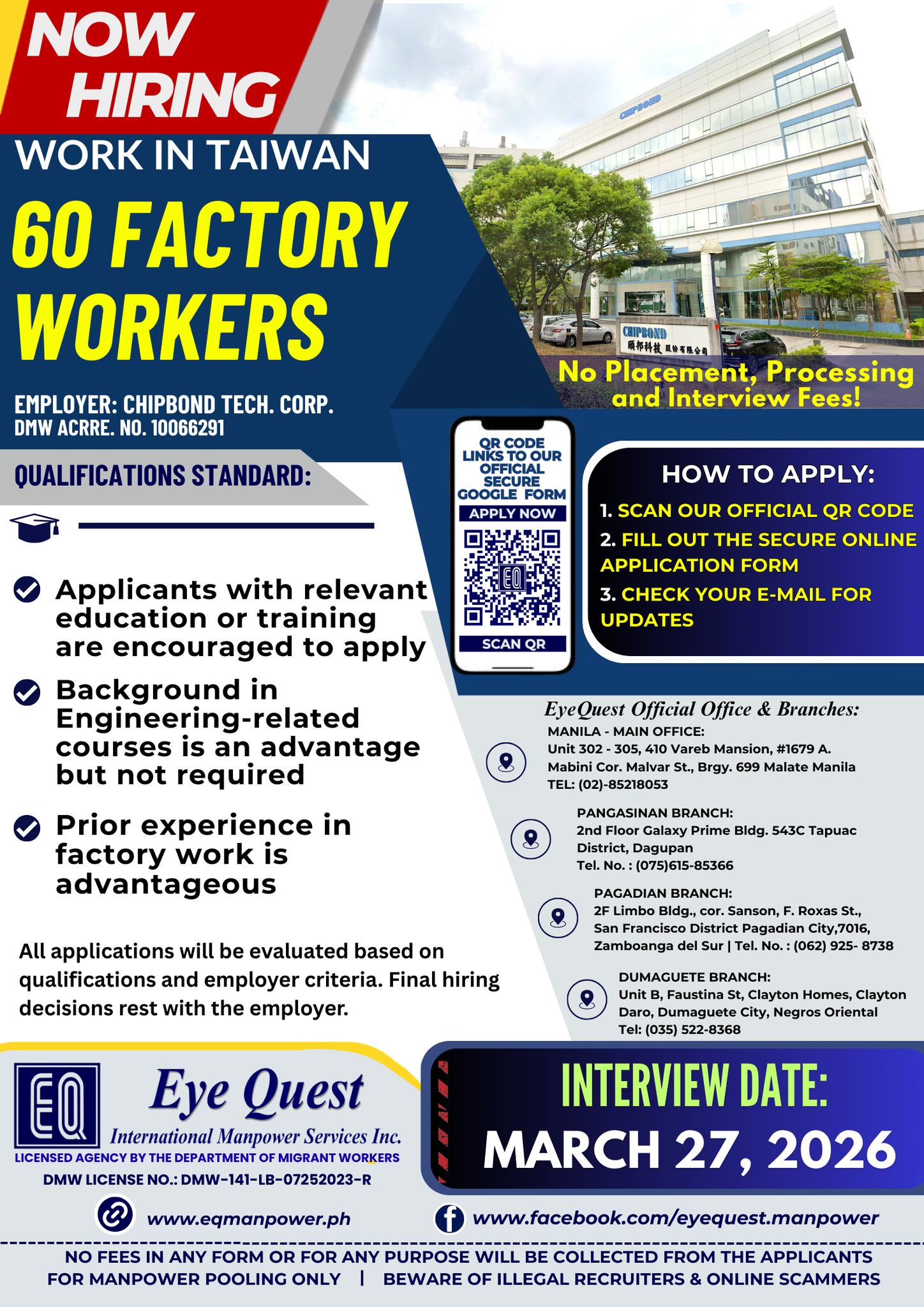 Chipbond Technology Taiwan Hiring | Factory Workers | No Placement Fee