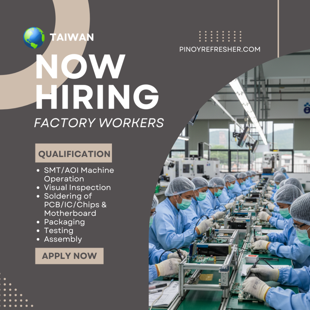 Hiring Male and Female Factory Workers for Taiwan – No Placement Fee ...