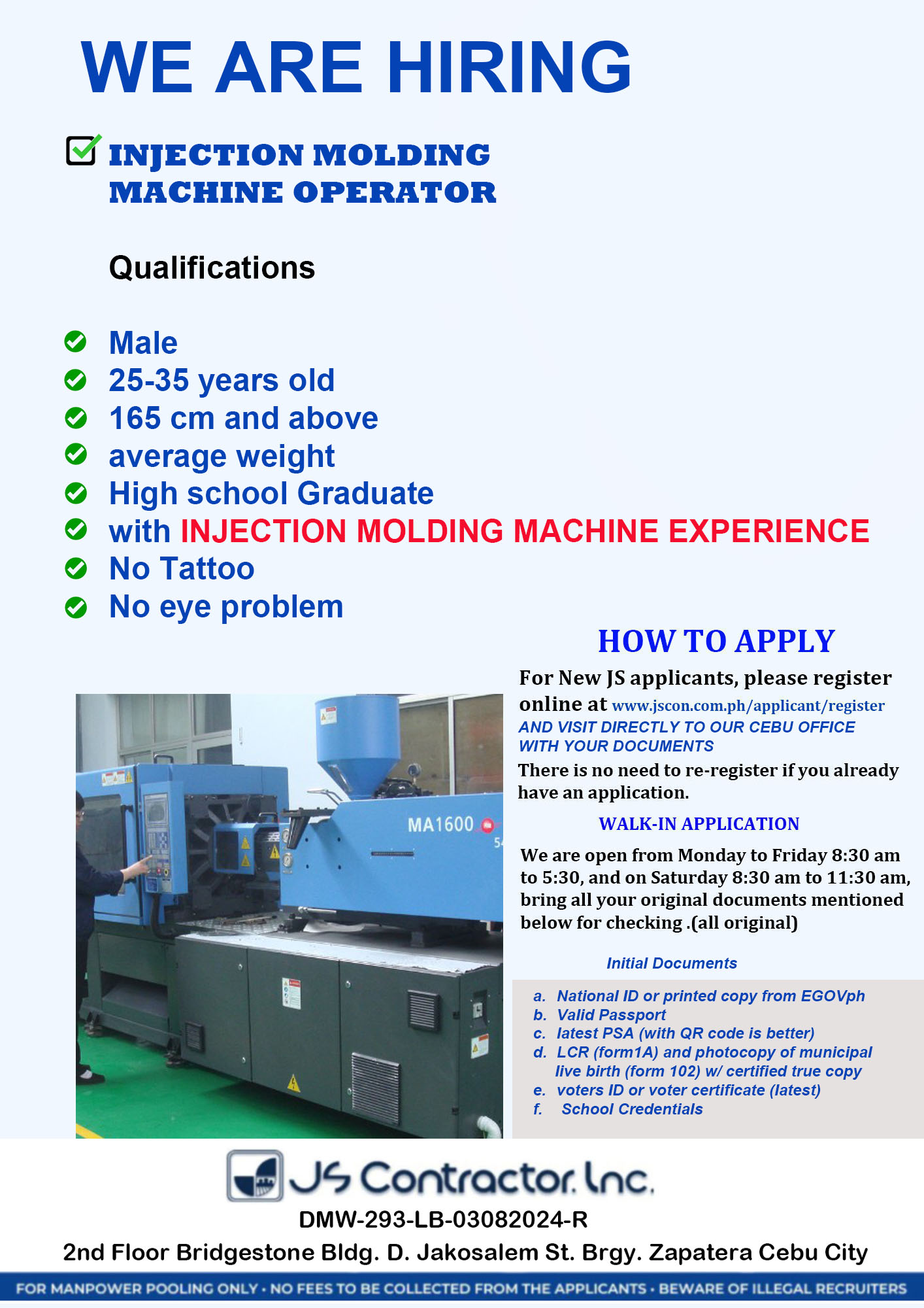 Urgent Hiring: Injection Molding Machine Operator – JS Contractor Inc.