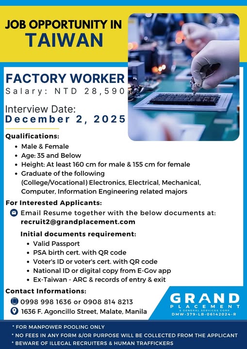 Factory Worker Jobs in Taiwan | Grand Placement & General Services Corp.