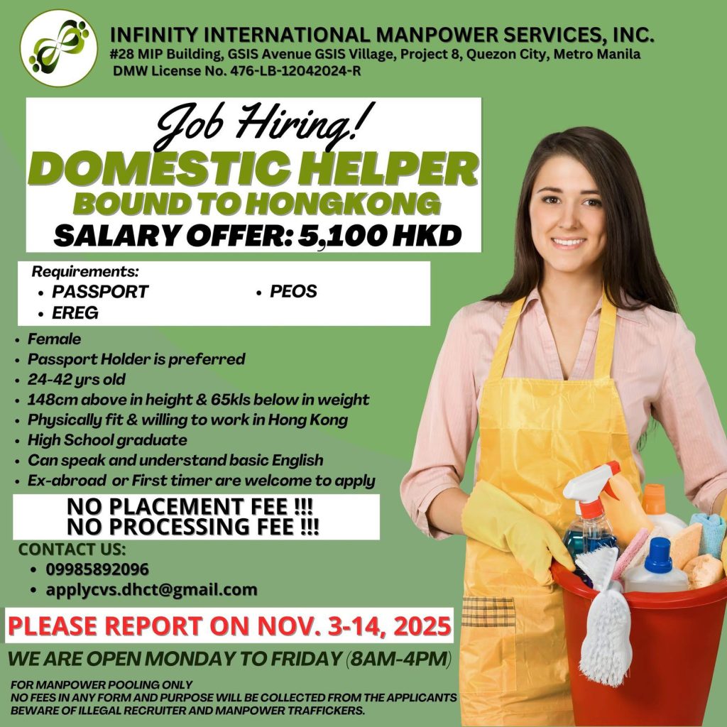 Hiring Domestic Helpers for Hong Kong | Salary Offer 5,100 HKD | No ...