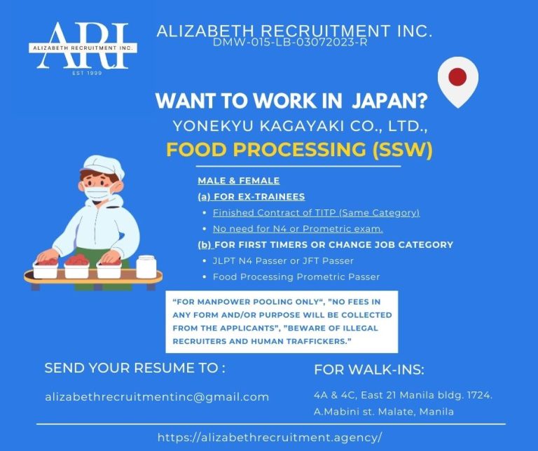 Work in Japan: Food Processing Jobs (SSW) – No Placement Fee