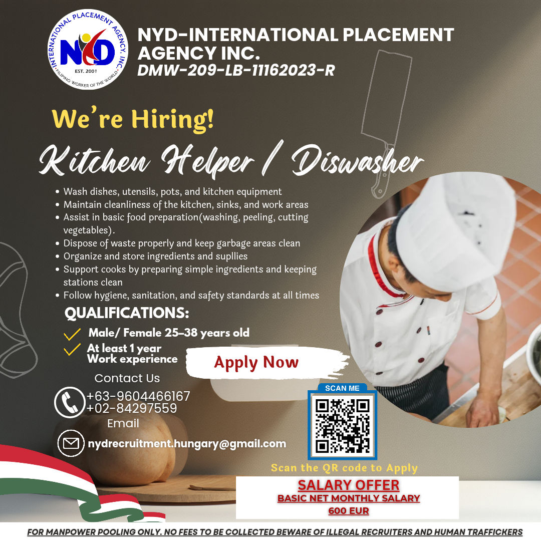 Hiring Kitchen Helpers / Dishwashers for Hungary – Apply Now via NYD ...