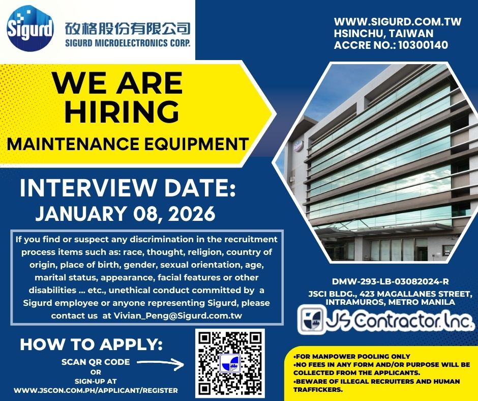 Sigurd Microelectronics Hiring Maintenance Equipment Workers in Taiwan