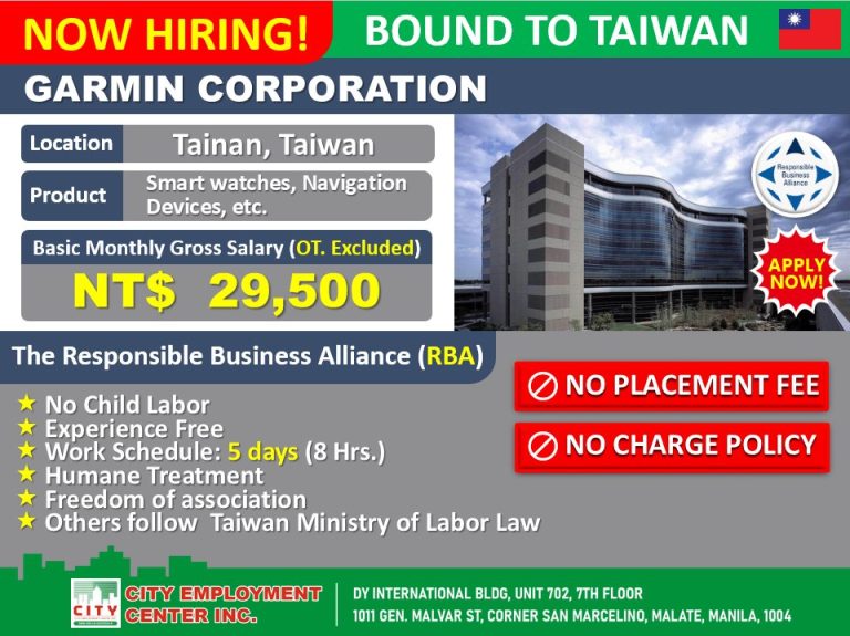 Garmin Taiwan Hiring Factory Workers | No Placement Fee