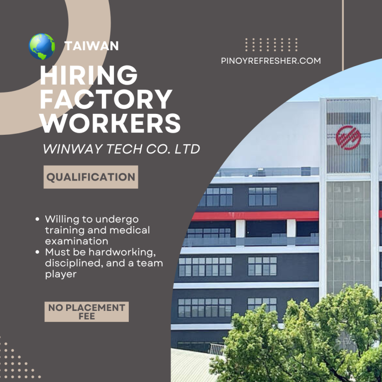 Hiring Factory Workers for Taiwan | Winway Tech Offers TWD 29,500 Salary