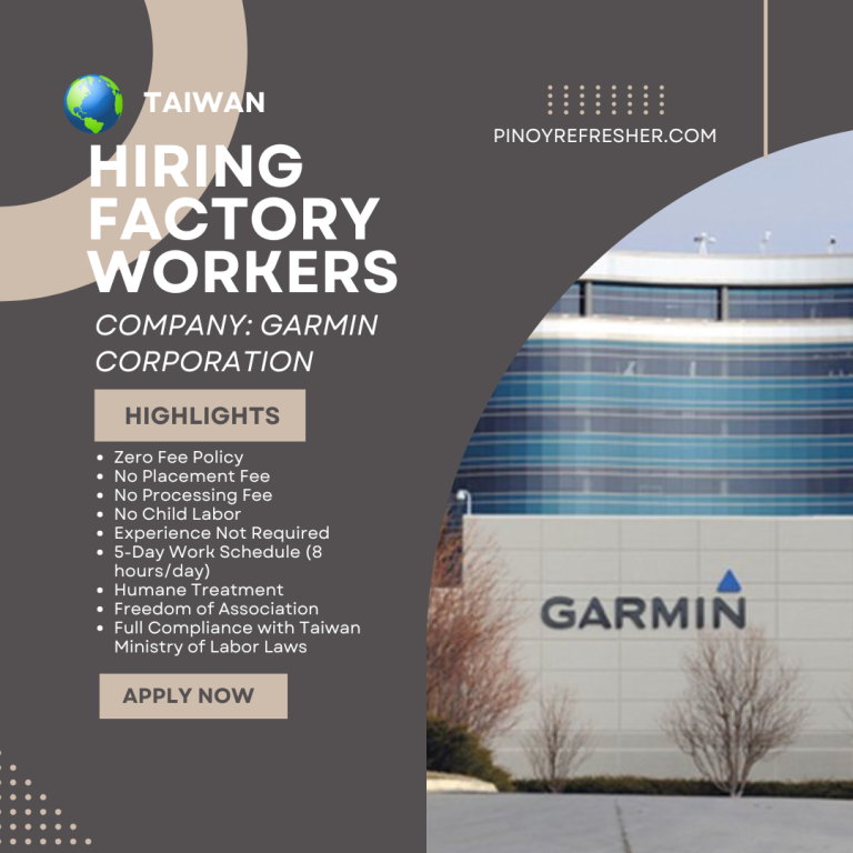 Garmin Taiwan Hiring Factory Workers | No Placement Fee
