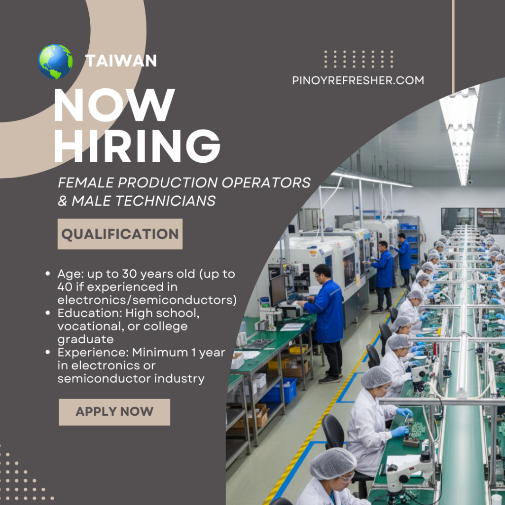 Hiring Factory Workers in Taiwan – Apply via JOPMAN Corporation ...