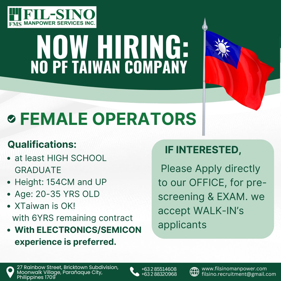 Hiring Female Operators for Taiwan – HIGH SCHOOL GRADUATE