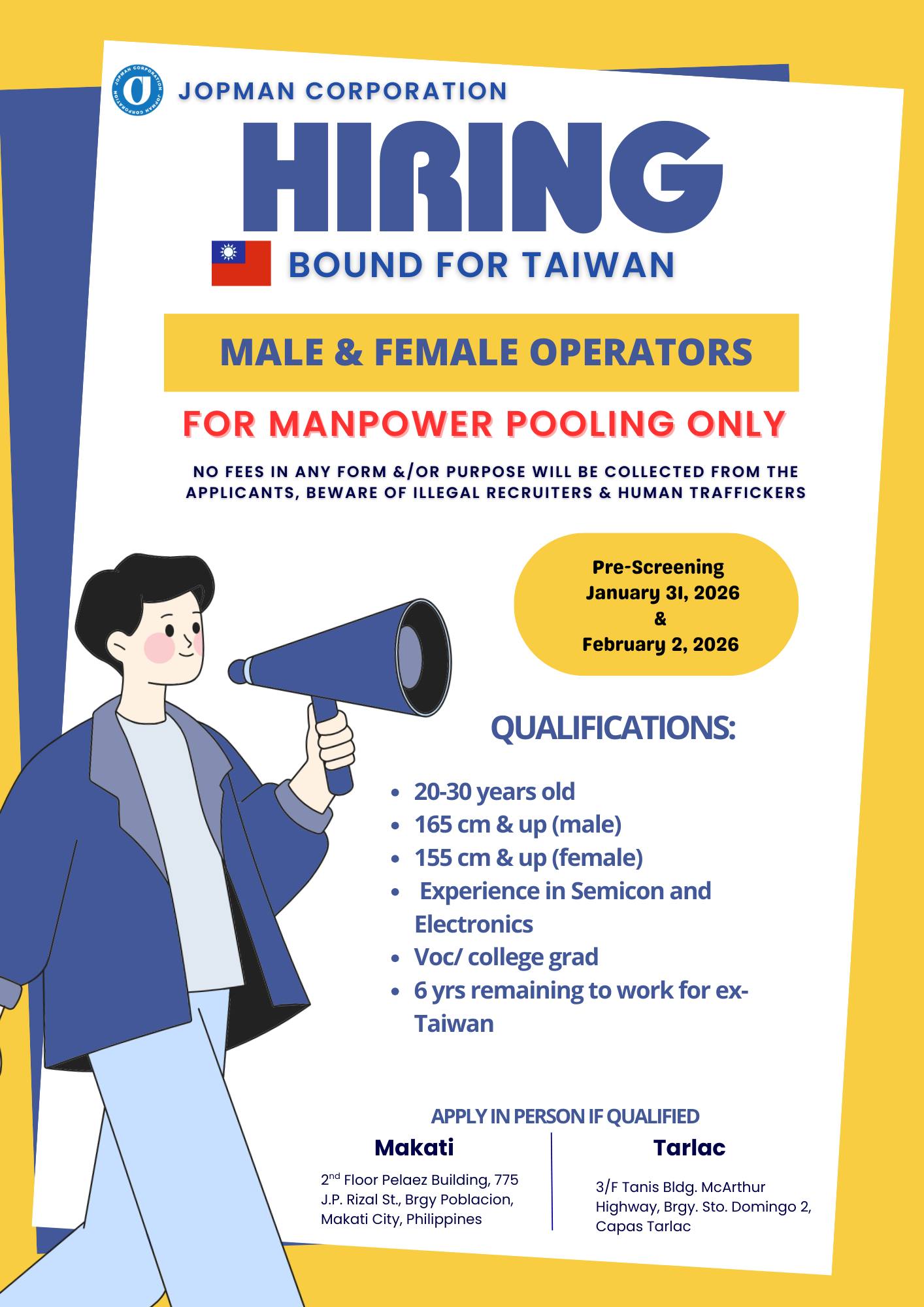 Hiring Male & Female Operators for Taiwan | Jopman Corporation ...