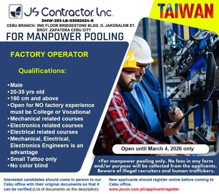 Taiwan Hiring Factory Operators | No Placement Fee