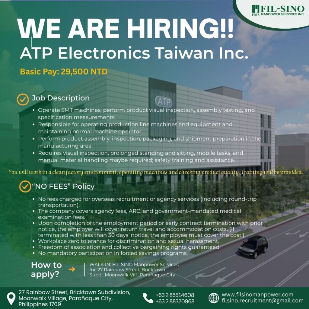 Hiring Factory Workers in Taiwan – ATP Electronics Taiwan Inc.