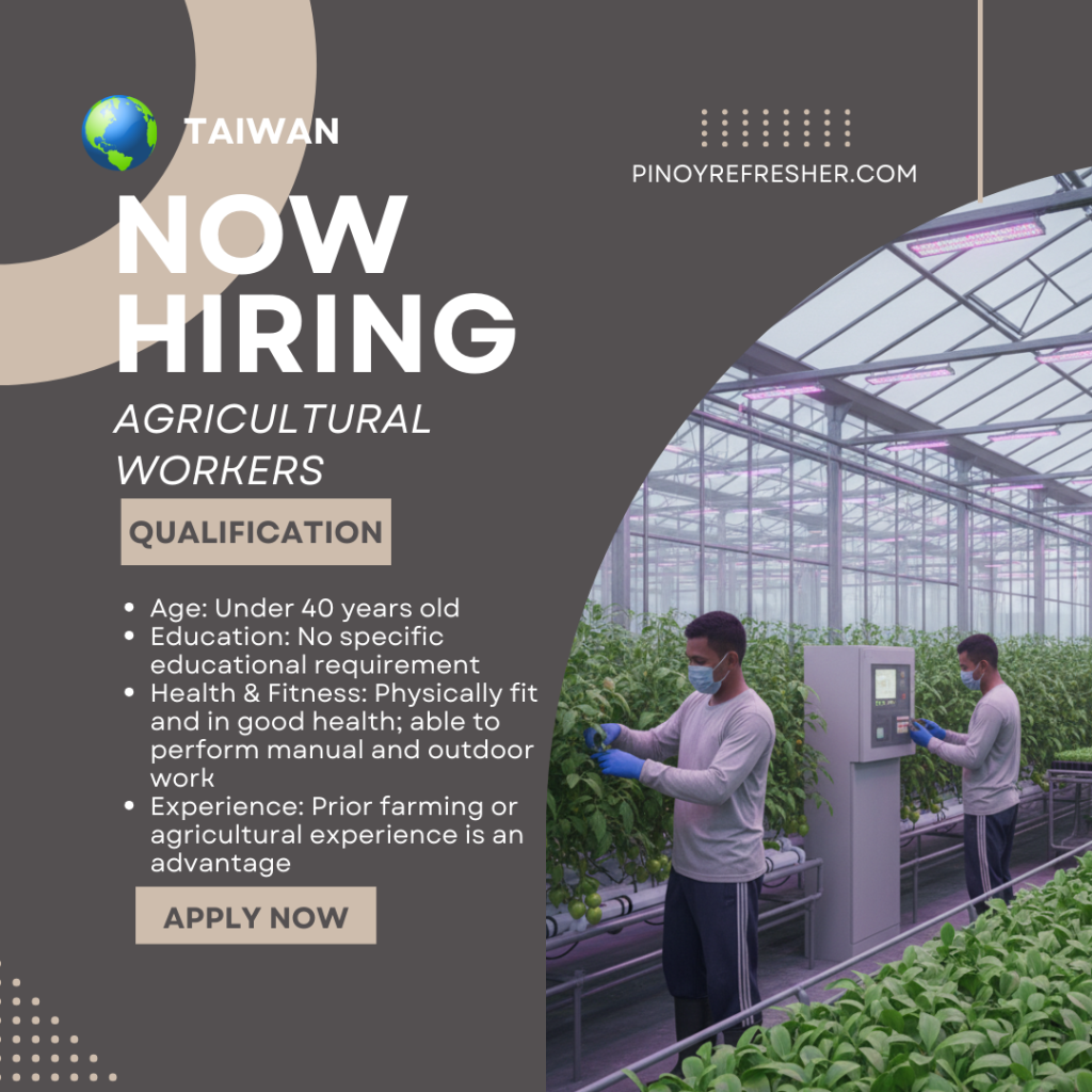 Agricultural Worker Job Opening in Taiwan – Under 40 years old