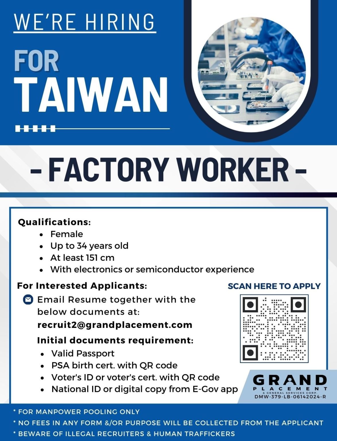 Taiwan Factory Worker Hiring – Female Applicants with Electronics ...