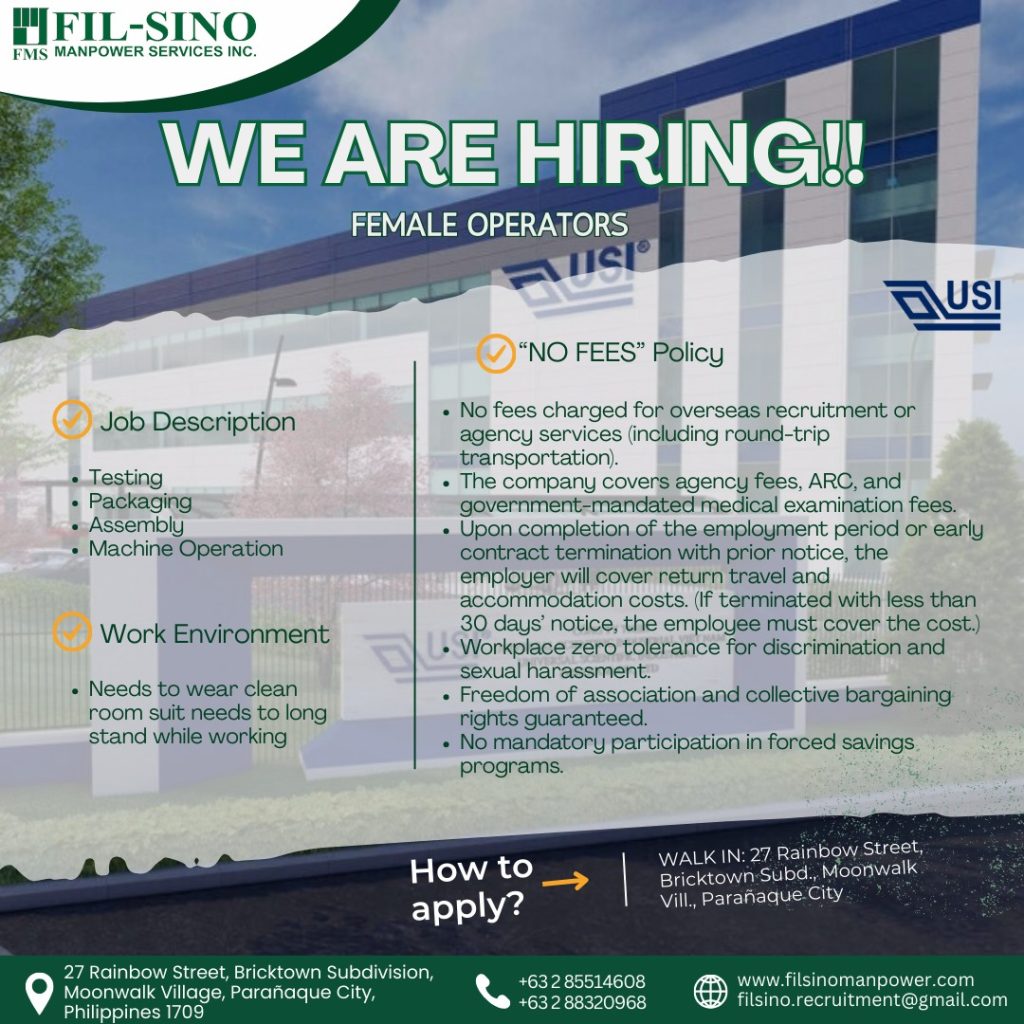 Hiring Female Operators for USI Taiwan | Fil-Sino Manpower Services Inc ...