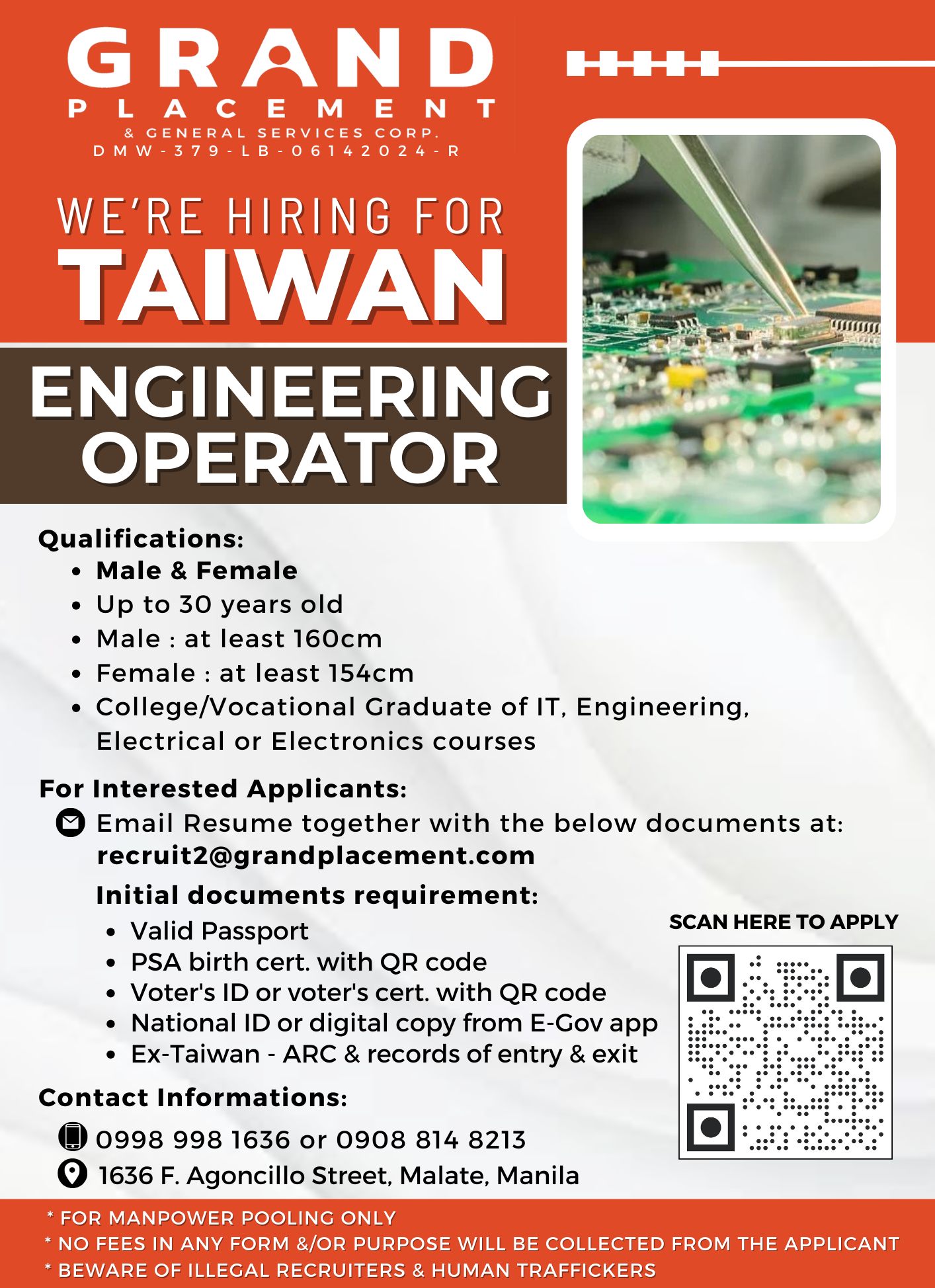 Factory Worker Job Opening in Taiwan | Grand Placement
