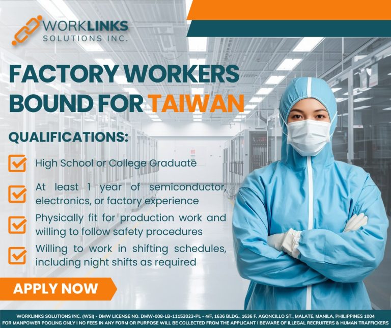 Factory Worker Hiring for Taiwan – Apply | High School Graduate