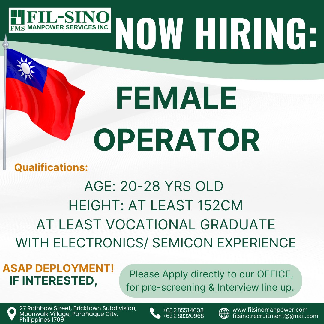 Hiring Female Operator – Fil-Sino Manpower Services Immediate Deployment