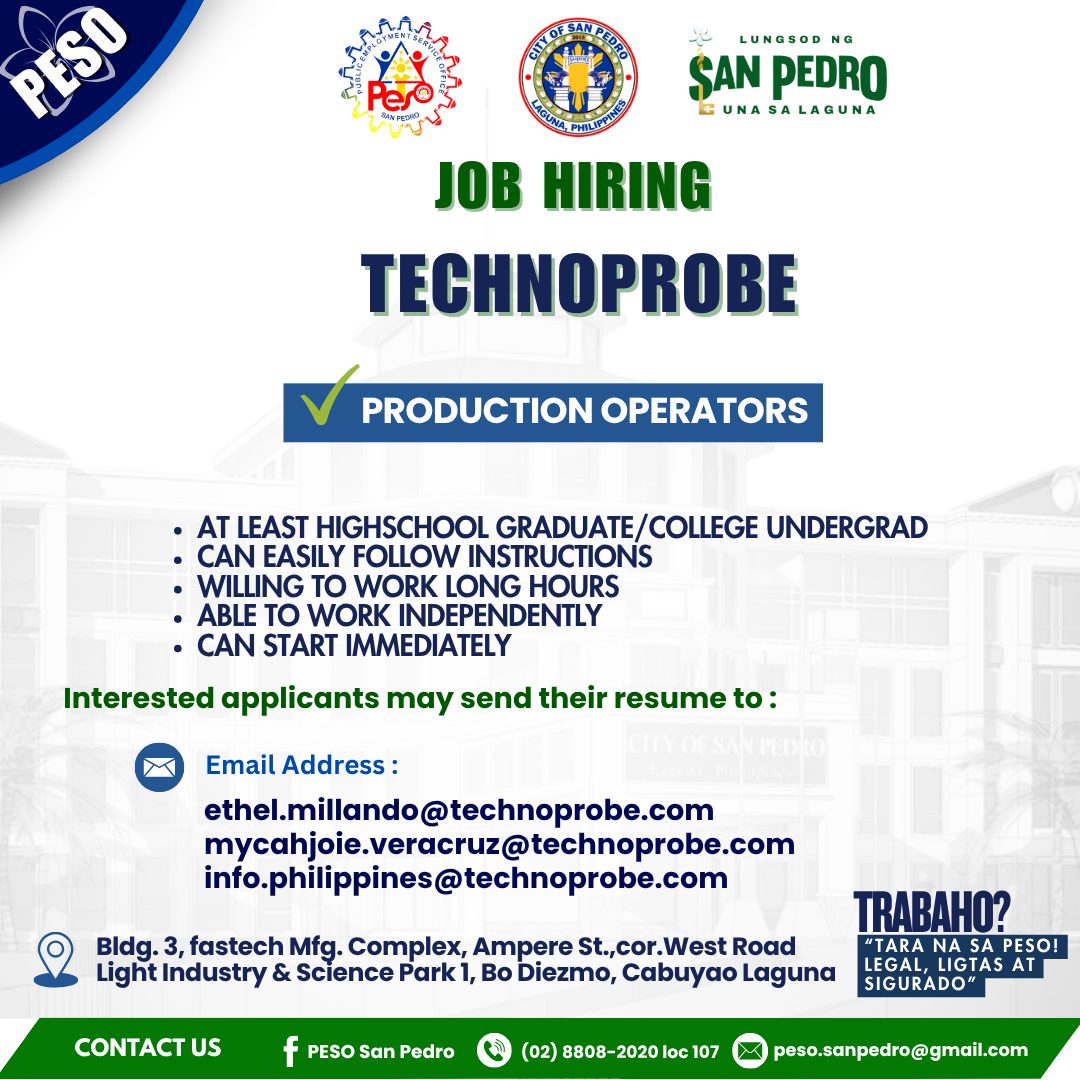 Technoprobe Hiring Production Operators; Applicants Encouraged to Apply