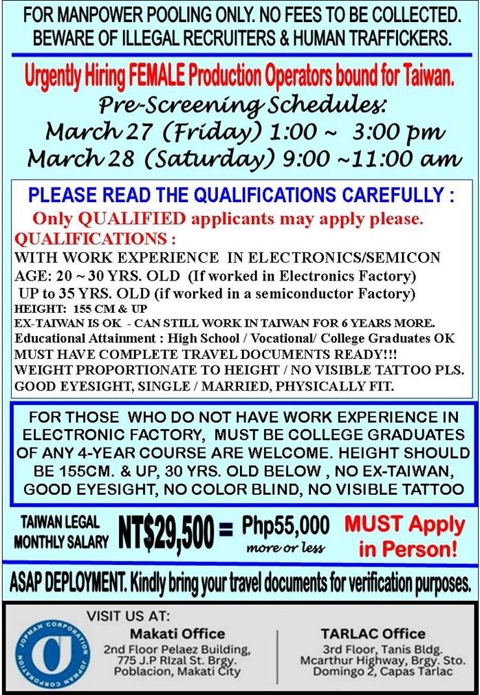 No-Fee Hiring Opens for Filipina Production Operators Bound for Taiwan