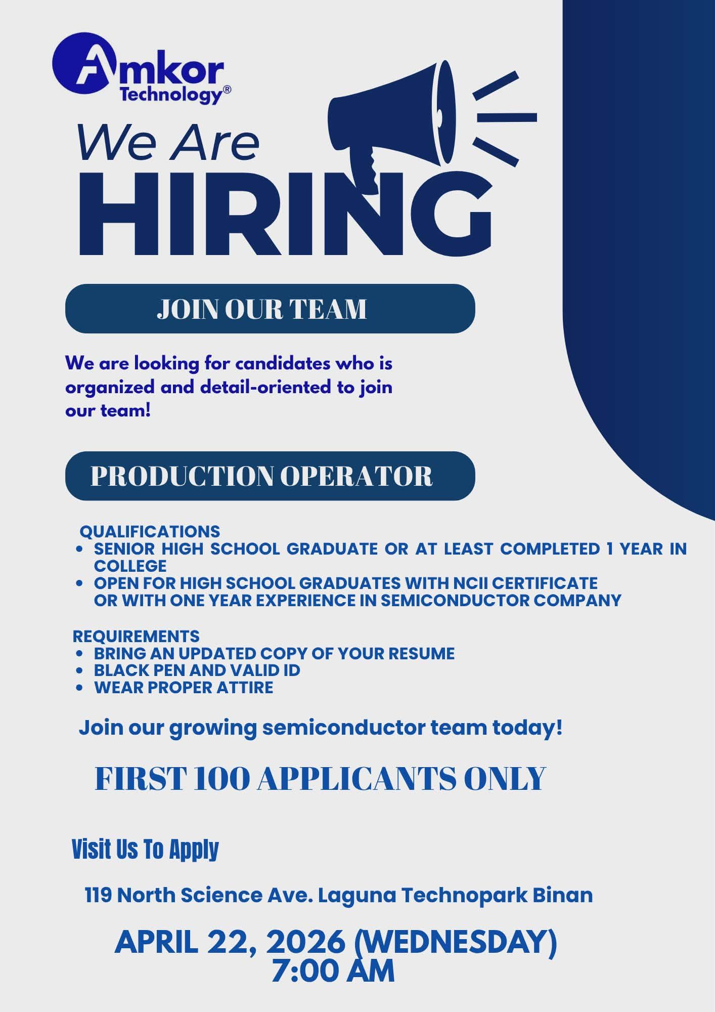 Hiring Alert: Amkor Technology Opens Production Operator Jobs in Laguna