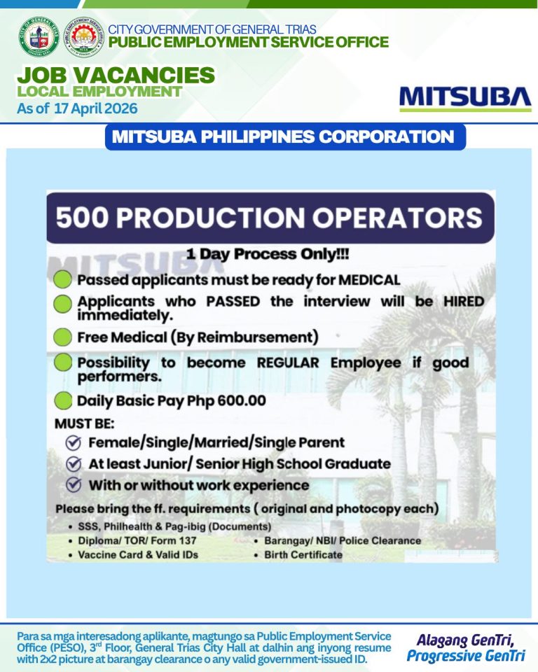 500 Production Operator Jobs Open at Mitsuba Philippines Corporation ...