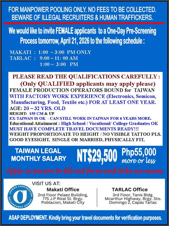 Female Production Operators Invited for One-Day Pre-Screening for ...
