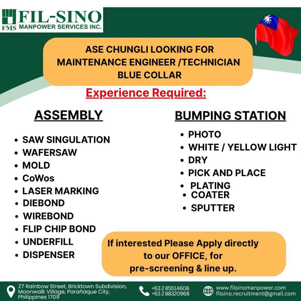 URGENT DEPLOYMENT: ASE Chungli Continues Hiring Maintenance Engineers ...