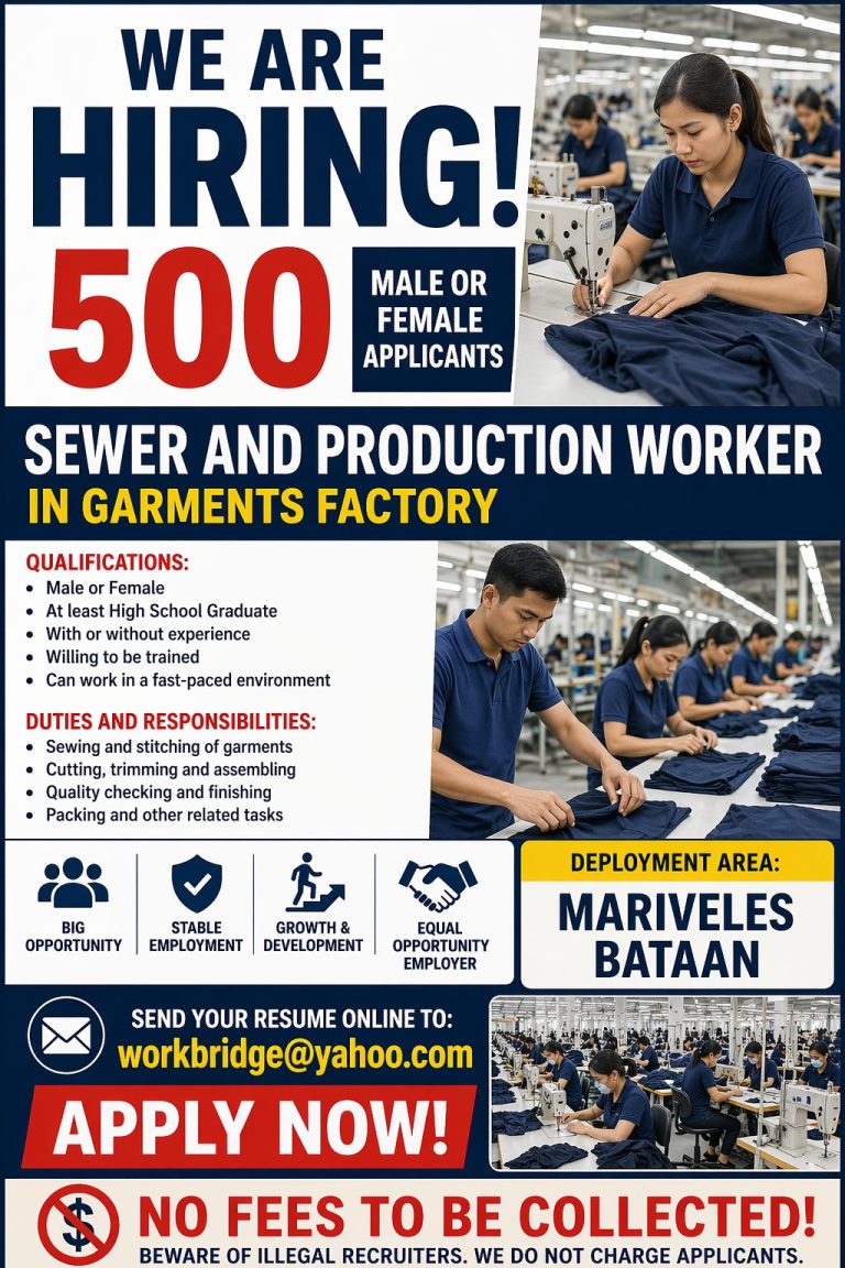 Massive Hiring in Bataan: 500 Sewers & 500 Production Workers Needed in ...