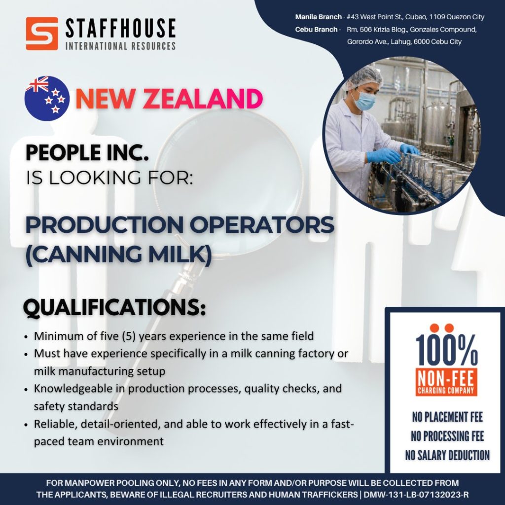Employment Opportunity: Production Operators (Canning Milk) Bound for ...