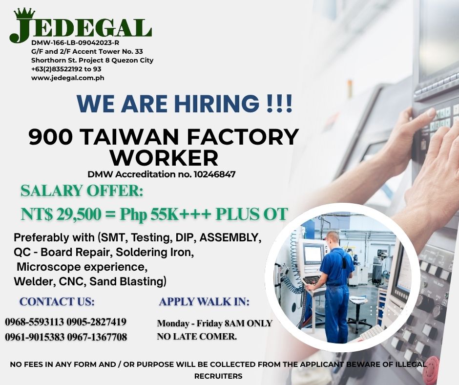 Jedegal Opens 900 Factory Worker Slots for Taiwan Electronics Industry