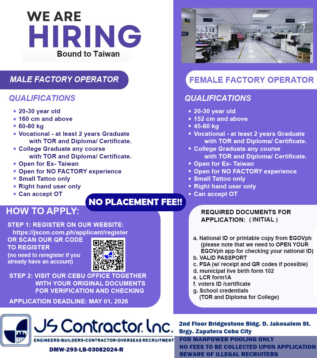 Urgent Hiring Alert: Factory Workers for Taiwan – No Placement Fee