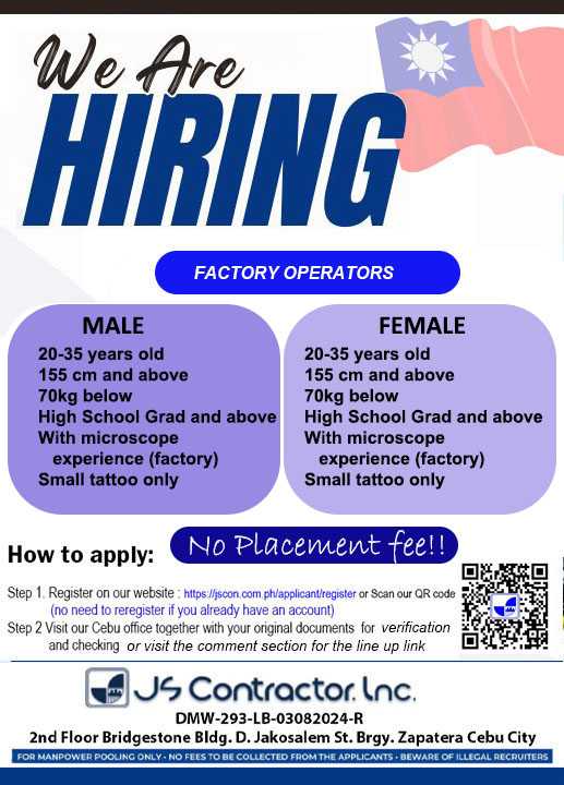 Taiwan Factory Hiring Alert: Male & Female Workers Needed (High School ...